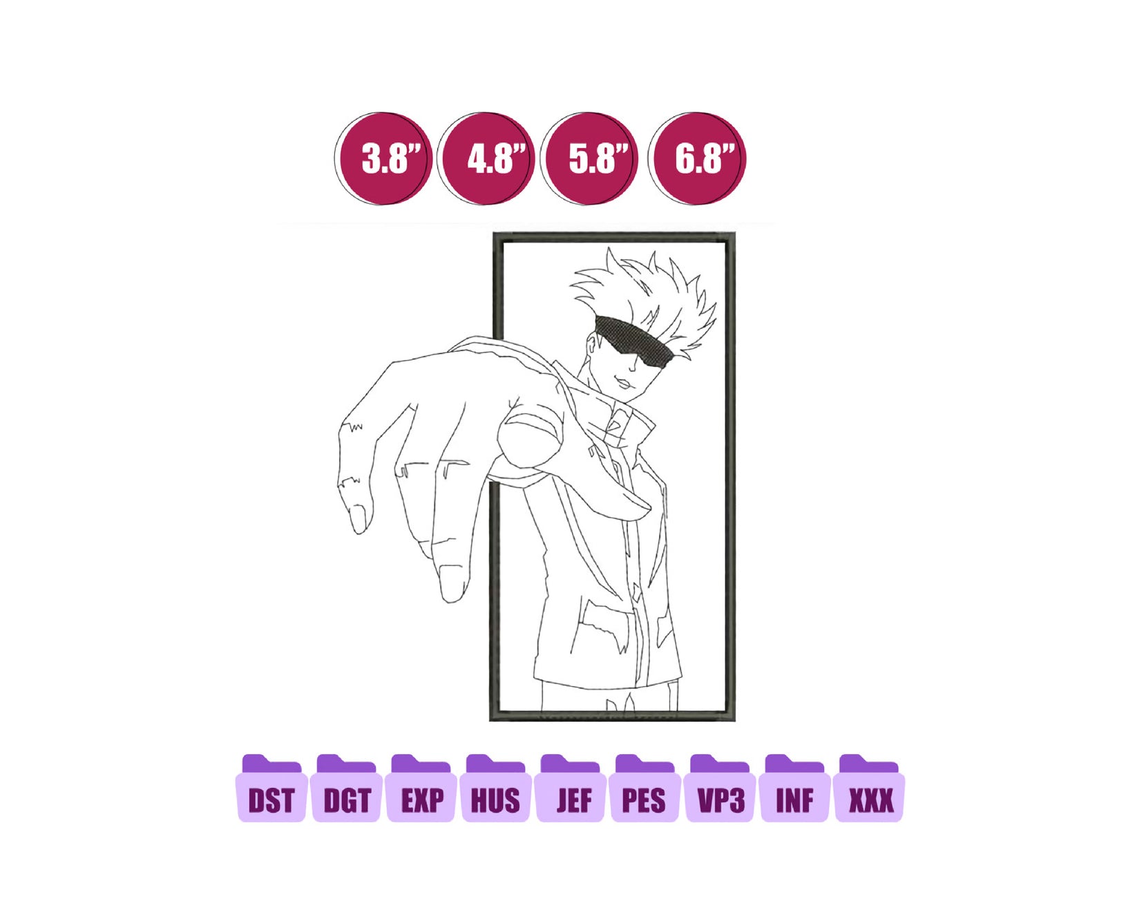 Gojo Line Art Anime Embroidery Design, Anime Machine Embroidery Design ...